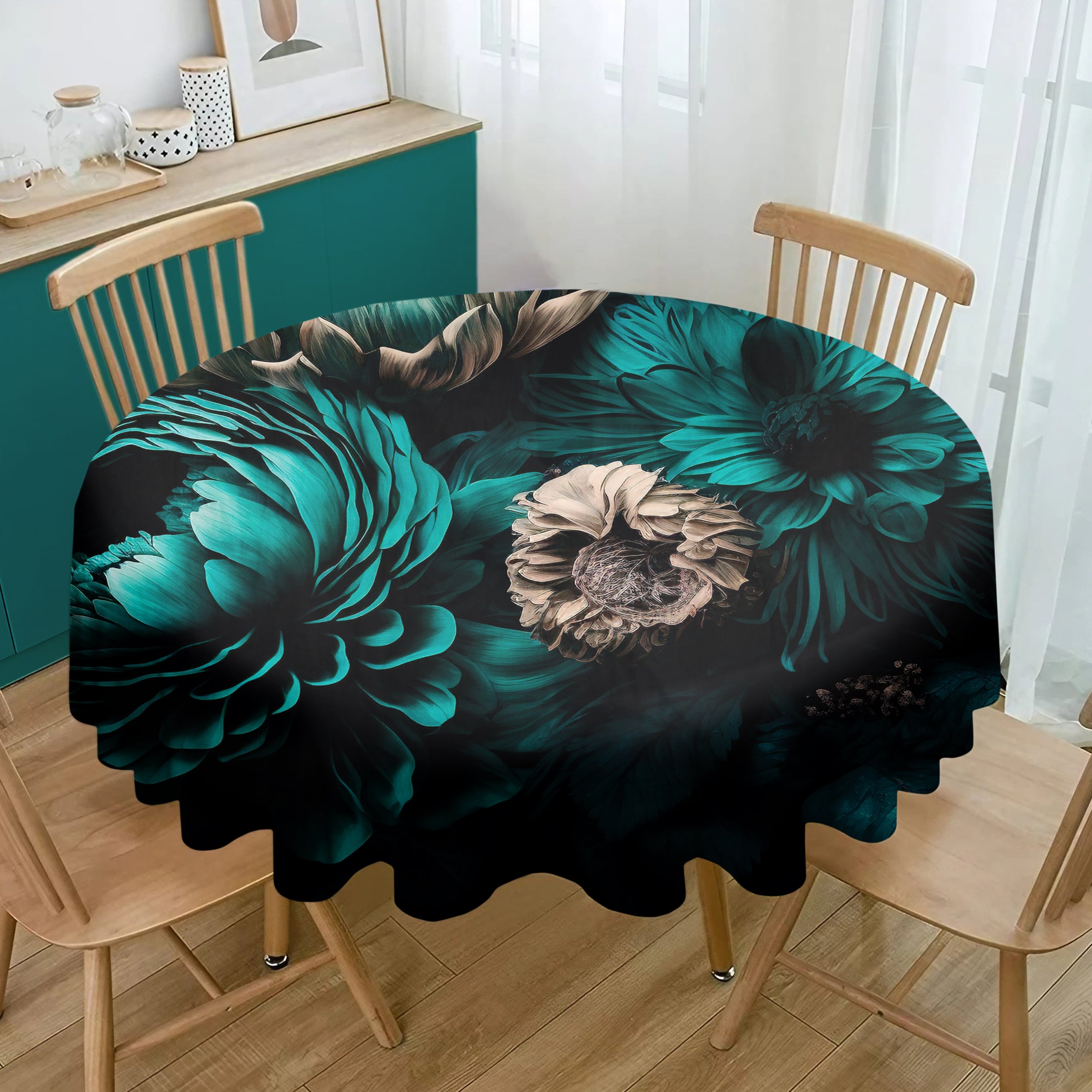 Beautiful Teal Round Tablecloth – Print with Passion Decor